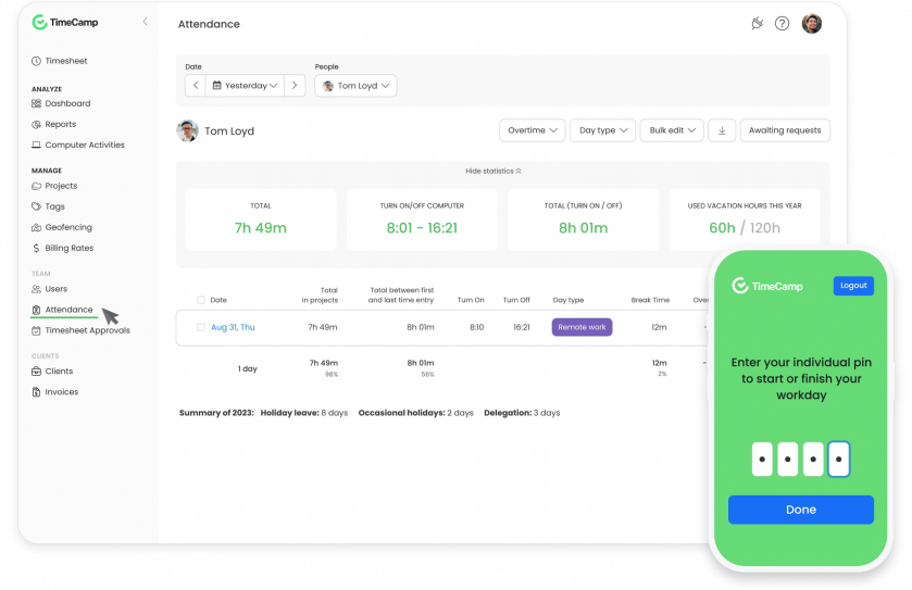 Top Employee Attendance Tracking Apps - employee attendance tracking software - TimeCamp